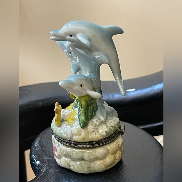 Accents | Hinged Porcelain Trinket Box Leaping Dolphin Family Ocean Sea ...